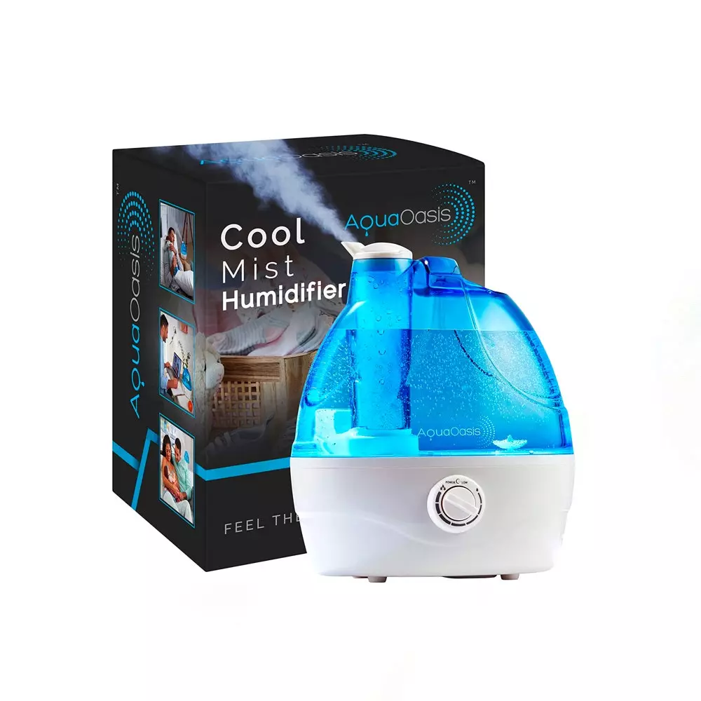 AquaOasis Cool Mist Humidifier ကို အပြာရောင်နှင့် အဖြူရောင်