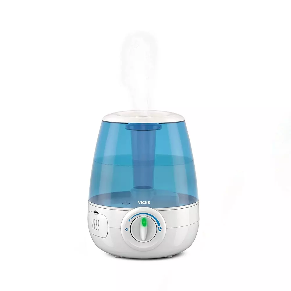 Vicks ማጣሪያ-ነጻ Ultrasonic Cool Mist Humidifier በሰማያዊ እና በነጭ