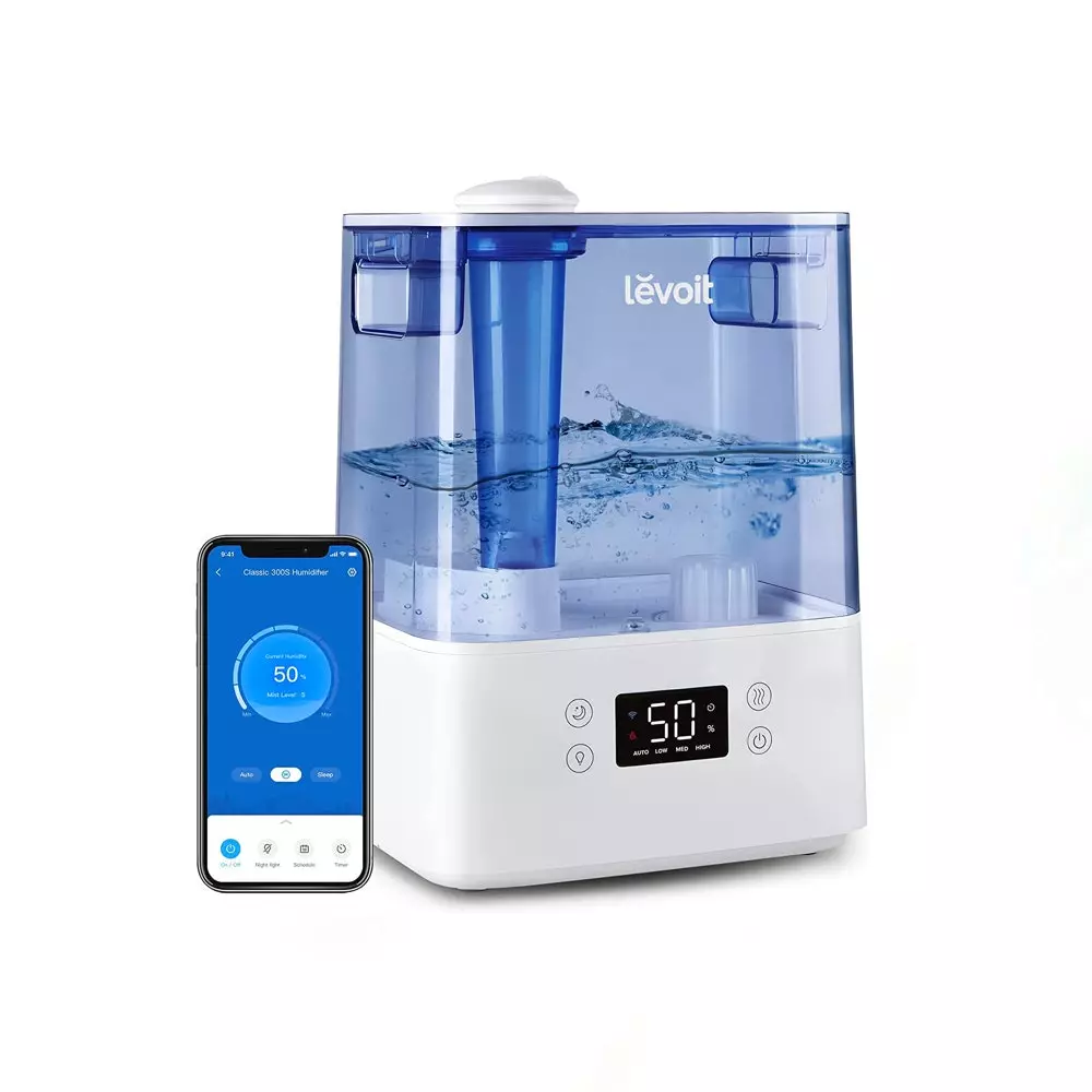 Levoit Humidifier په نیلي او سپین کې د آی فون ایپ سره